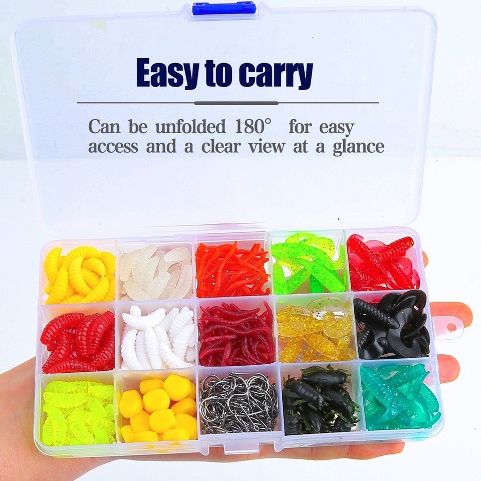 330pcs Soft Fishing Bait Set with 15 Grid Portable Tackle Box for Bass ...
