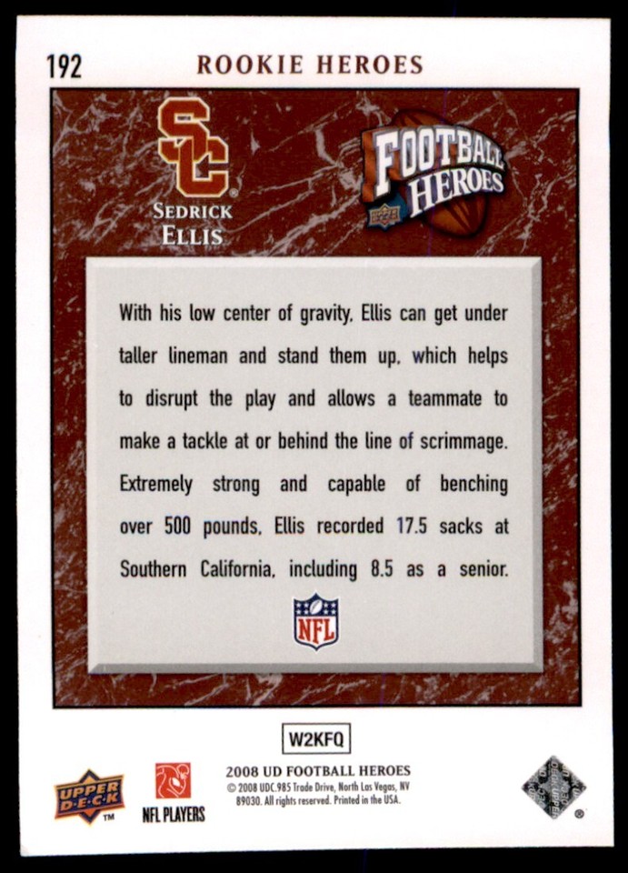 2008 UPPER DECK HEROES SEDRICK ELLIS RC USC TROJANS #192 | eBay