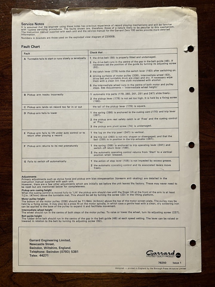 Garrard Model Z2000B Exploded View OEM Service Manual Notes Genuine | eBay