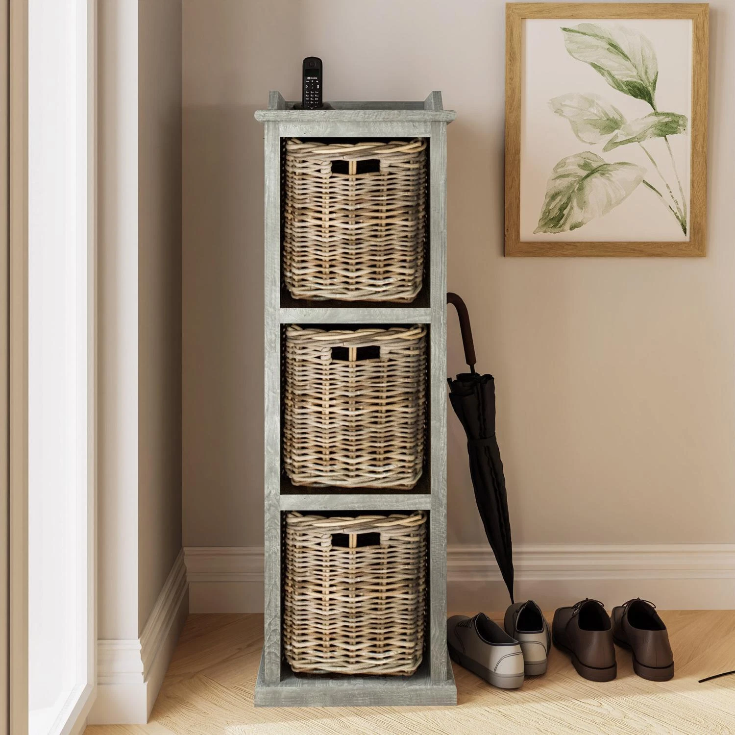 FWStyle Ready Assembled 3 Drawer Storage Unit Tall Solid Greywash Pine