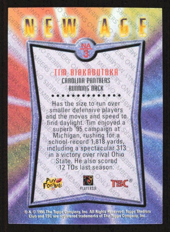 1996 Topps Stadium Club TIM BIAKABUTUKA Members Only card CAROLINA ...