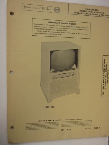 50's SAMS Photofact Folder PACKARD-BELL Models 17101, 17104, 21102 ...