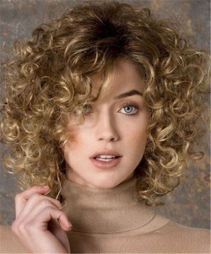 Women Ladies Short Mix Brown Blonde Natural curly Hair full wigs | eBay UK
