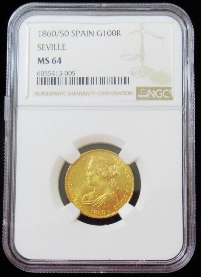 Spain: Isabel II gold 100 Reales 1860/50 MS64 NGC, Seville mint. RARE ...