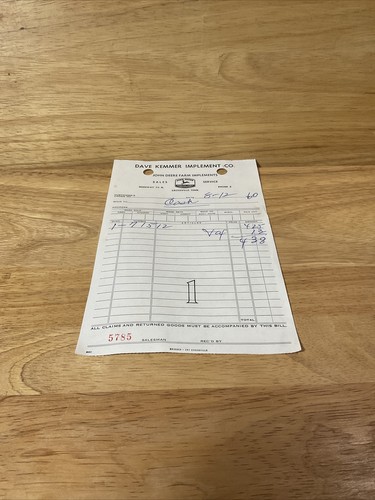 Vintage Rare 1960 John Deere Farm Implements Sales Receipt Crossville ...