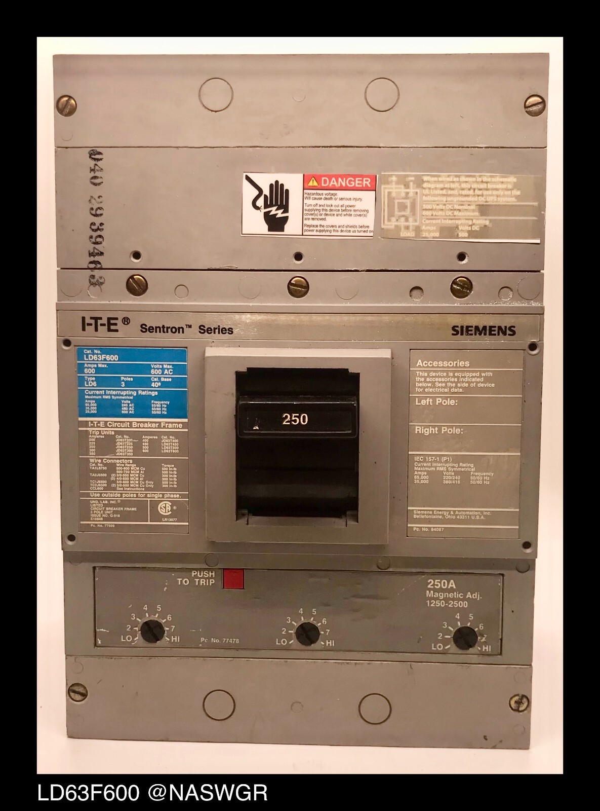 Siemens LD63F600 Molded Case Circuit Breaker ~ 250 Amp - Tested/1 Year ...