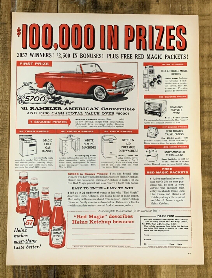 Heinz Red Magic Sweepstakes Contest '61 Rambler Vintage Print Ad 1961 ...