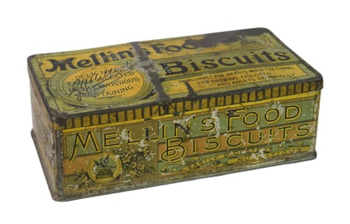 Alte Mellin’S Food Biscuits Ad. Litho Dose Verpackung Made IN England ...