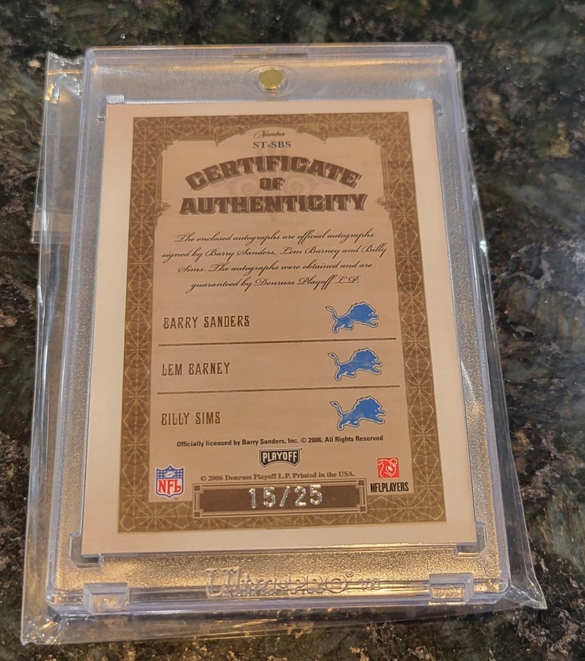 2016 Barry Sanders / Billy Sims / Lem Barney NT Triple Auto 15/25 Lions ...