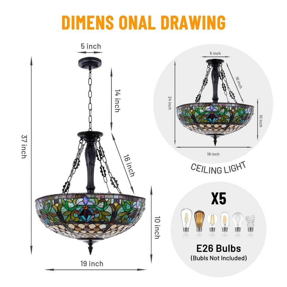 Tiffany Chandelier Stained Glass Pendant Lamp 5-Lights 19 Inch Inverted ...