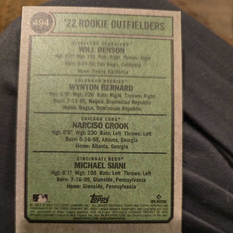 '22 Rookie Outfielders (Benson/Bernard/Crook/Siani) 2023 Topps Heritage ...