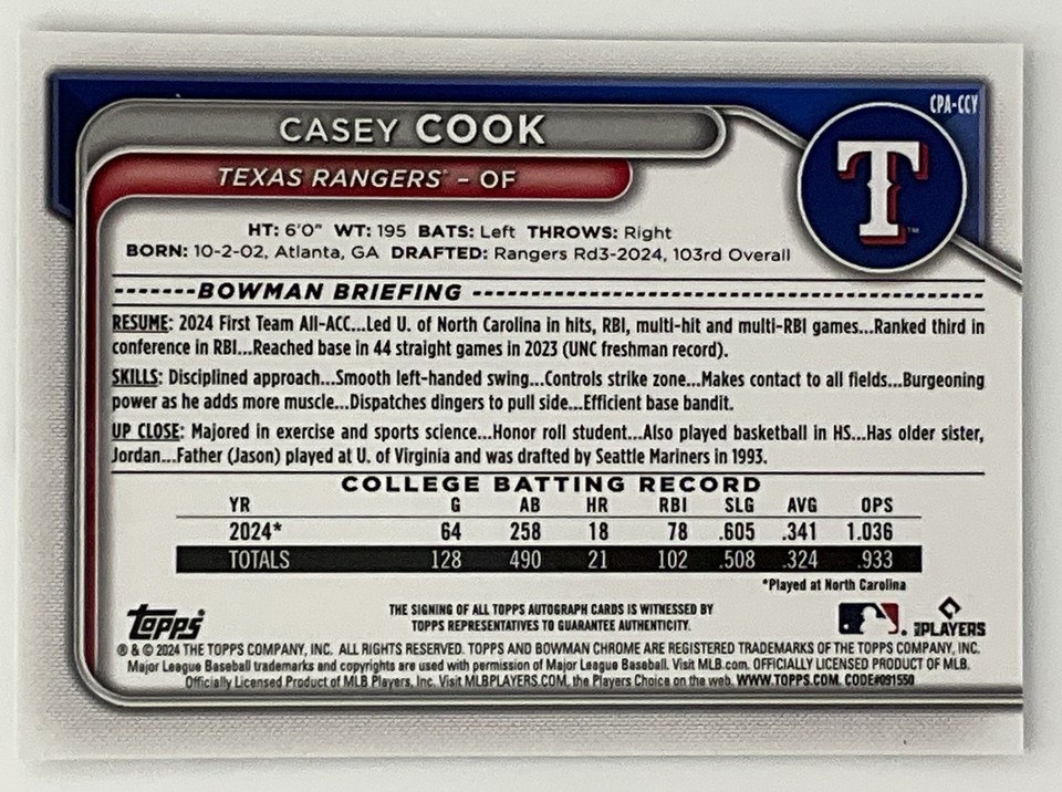 2024 Bowman Draft Casey Cook Chrome Prospect Autographs /71 Rangers | eBay
