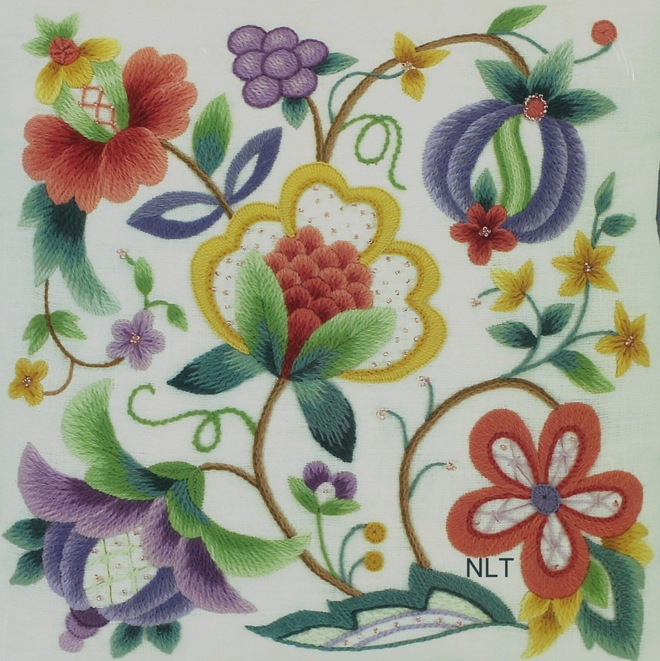 Crewel Embroidery Kit Elsa Williams Jacobean Pillow Beads Jeweled ...