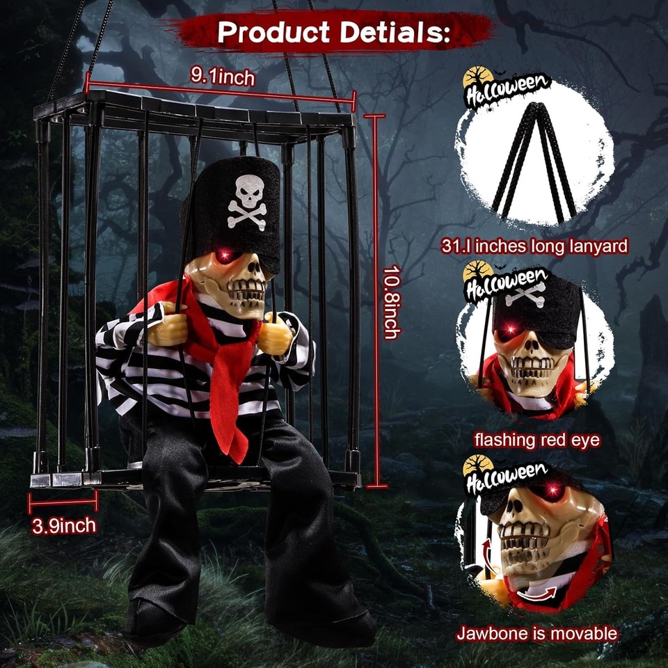 Animatronic LED Skeleton Pirate Scary Skull Cage Prop Halloween Haunted ...