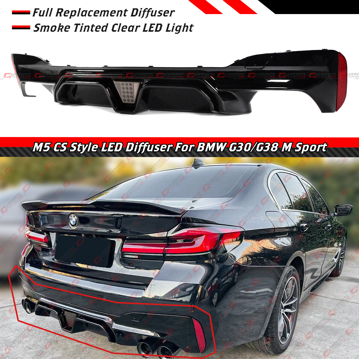 For 17-23 BMW G30 5 Series M5 CS Style Smoke lens LED Gloss Black Rear ...