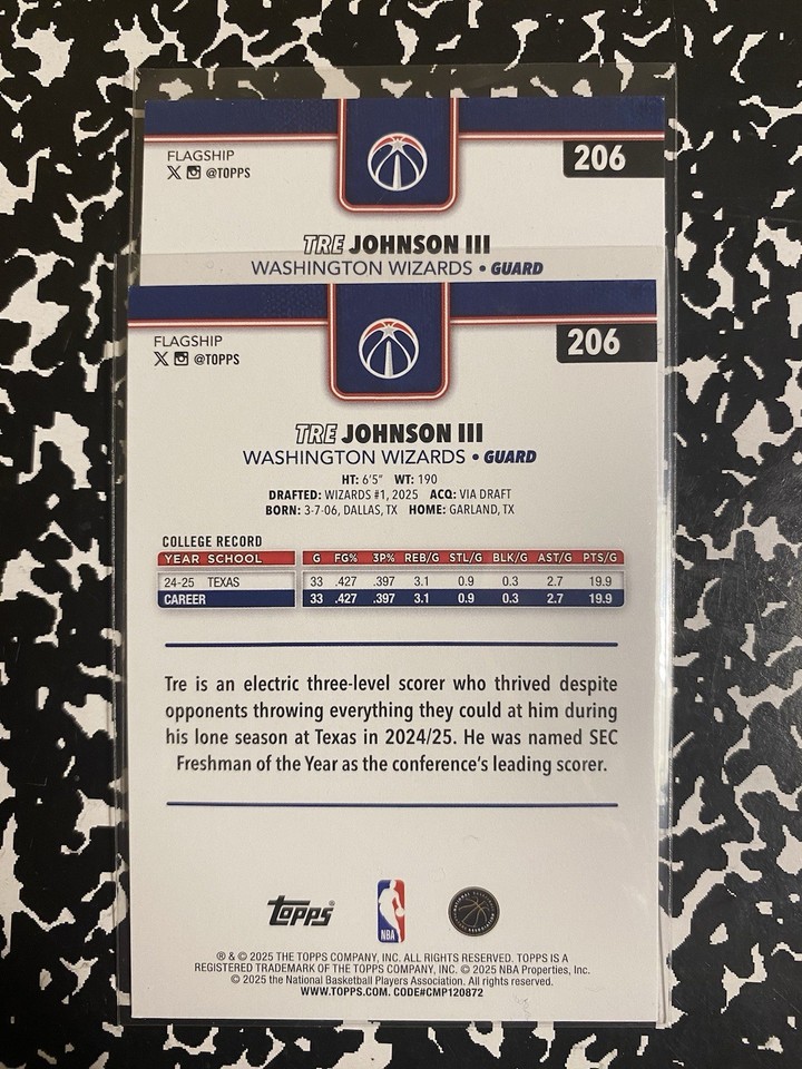 2025 Topps Tre Johnson III Base Rookie Card (2) Washington Wizards | eBay
