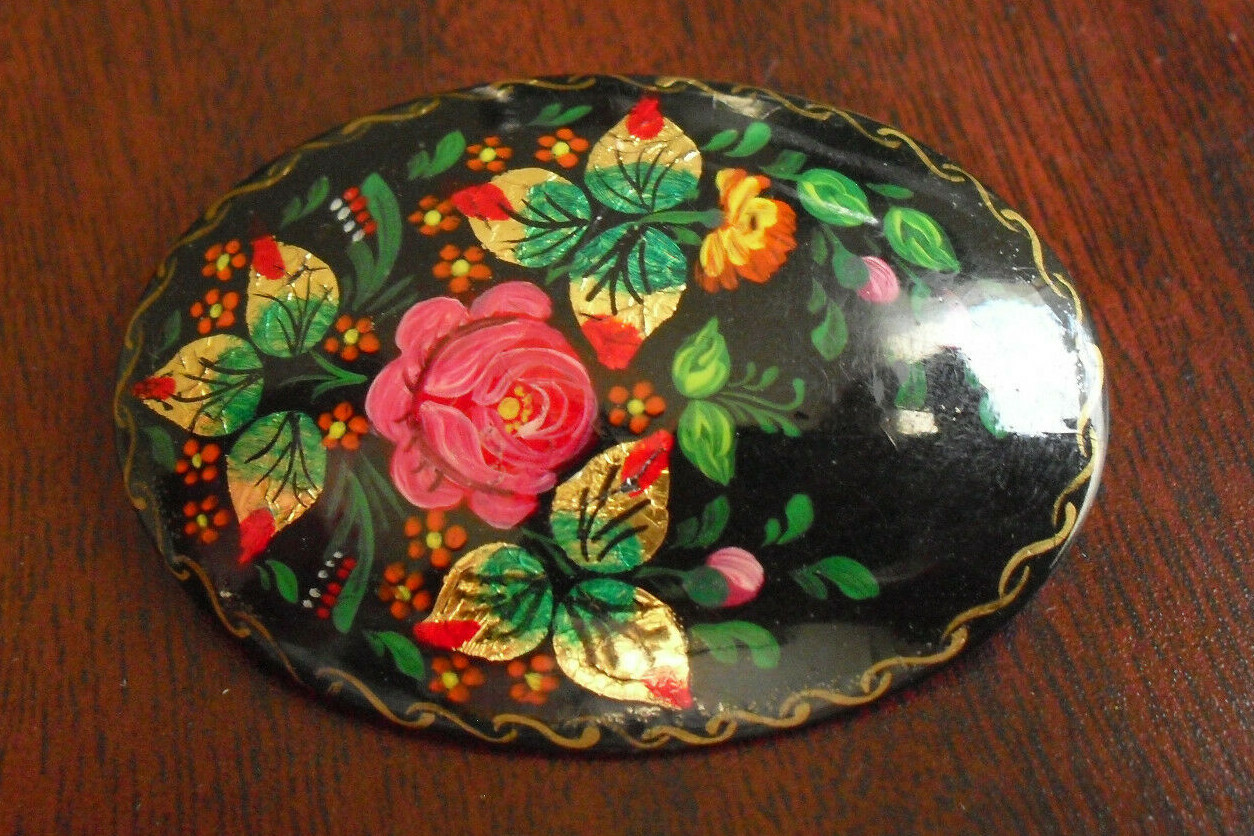Unique Vintage Hand Painted Gold Flowers Oval Brooch … - Gem