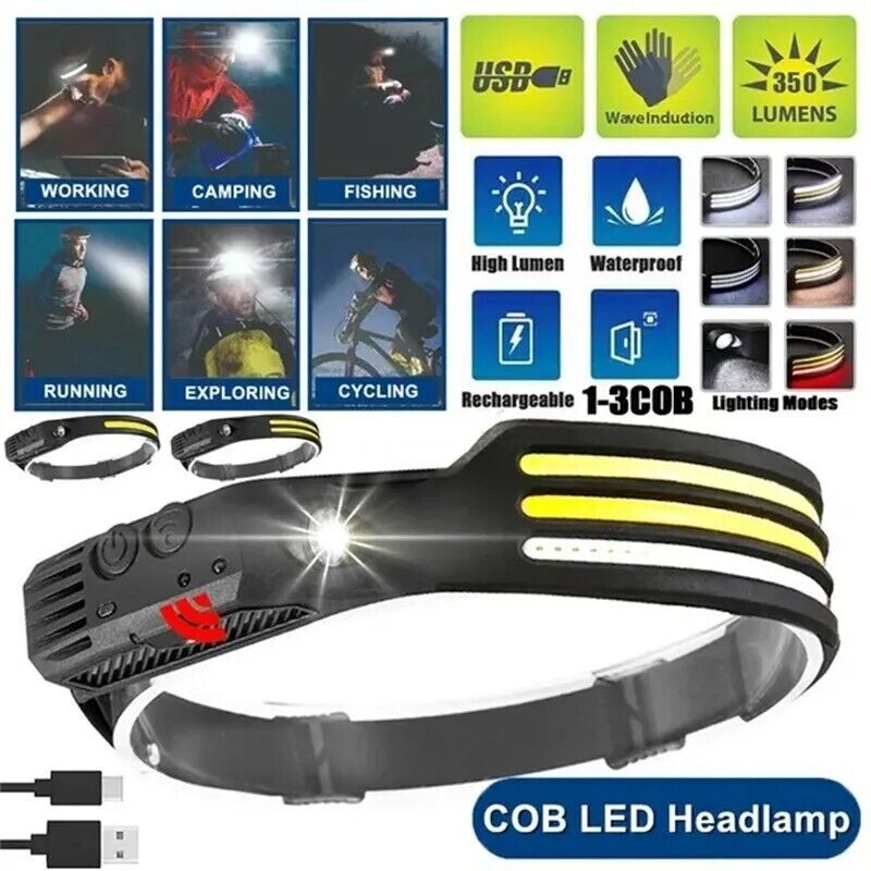COB LED Headlamp USB Rechargeable Headlight Bar Head Band Torch Work ...