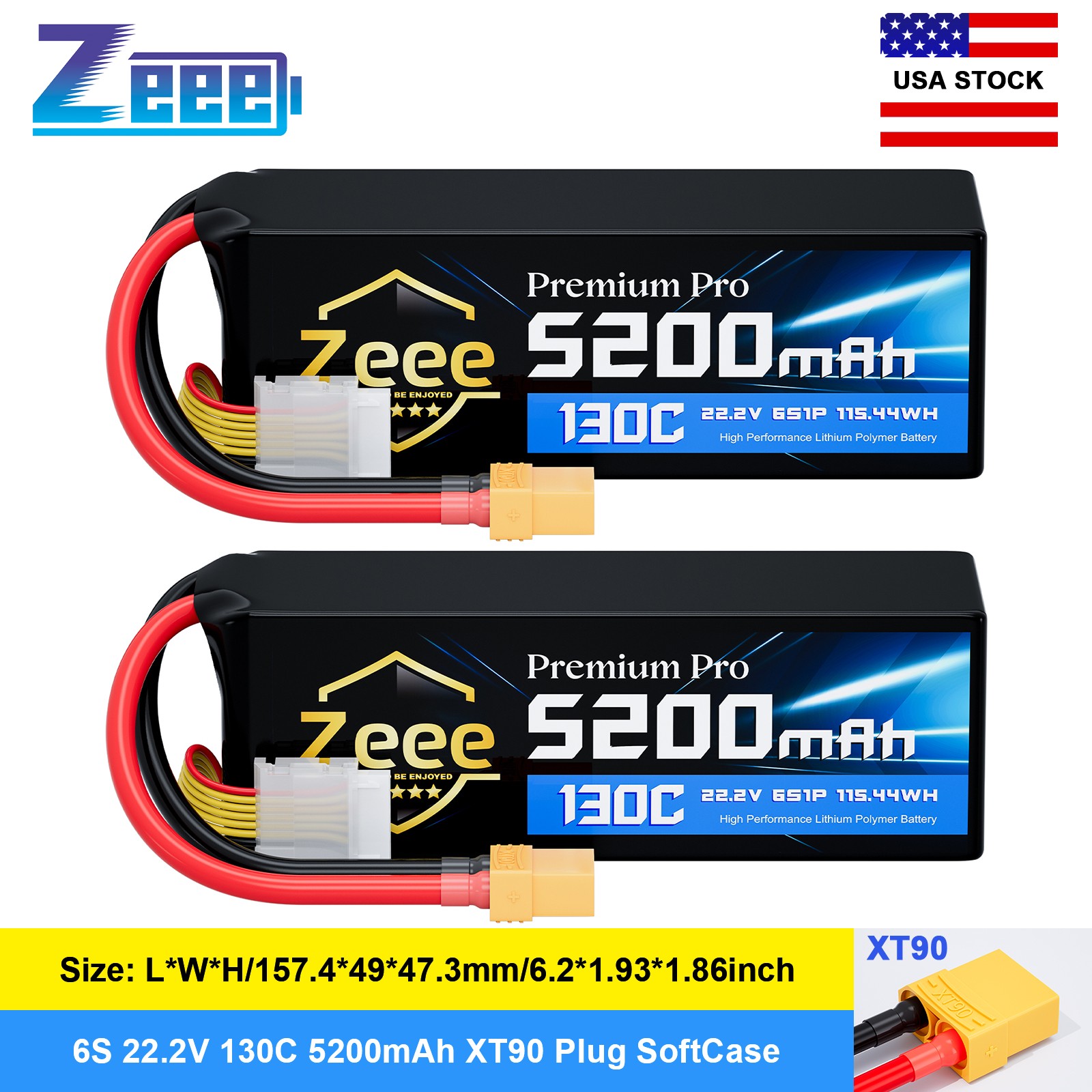 2x Zeee 6S 5200mAh XT90 LiPo Battery 22.2V for RC, 130C