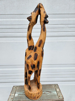 Hand Carved Wood Giraffe Statue Handmade Wooden Hugging Giraffes 20 ...