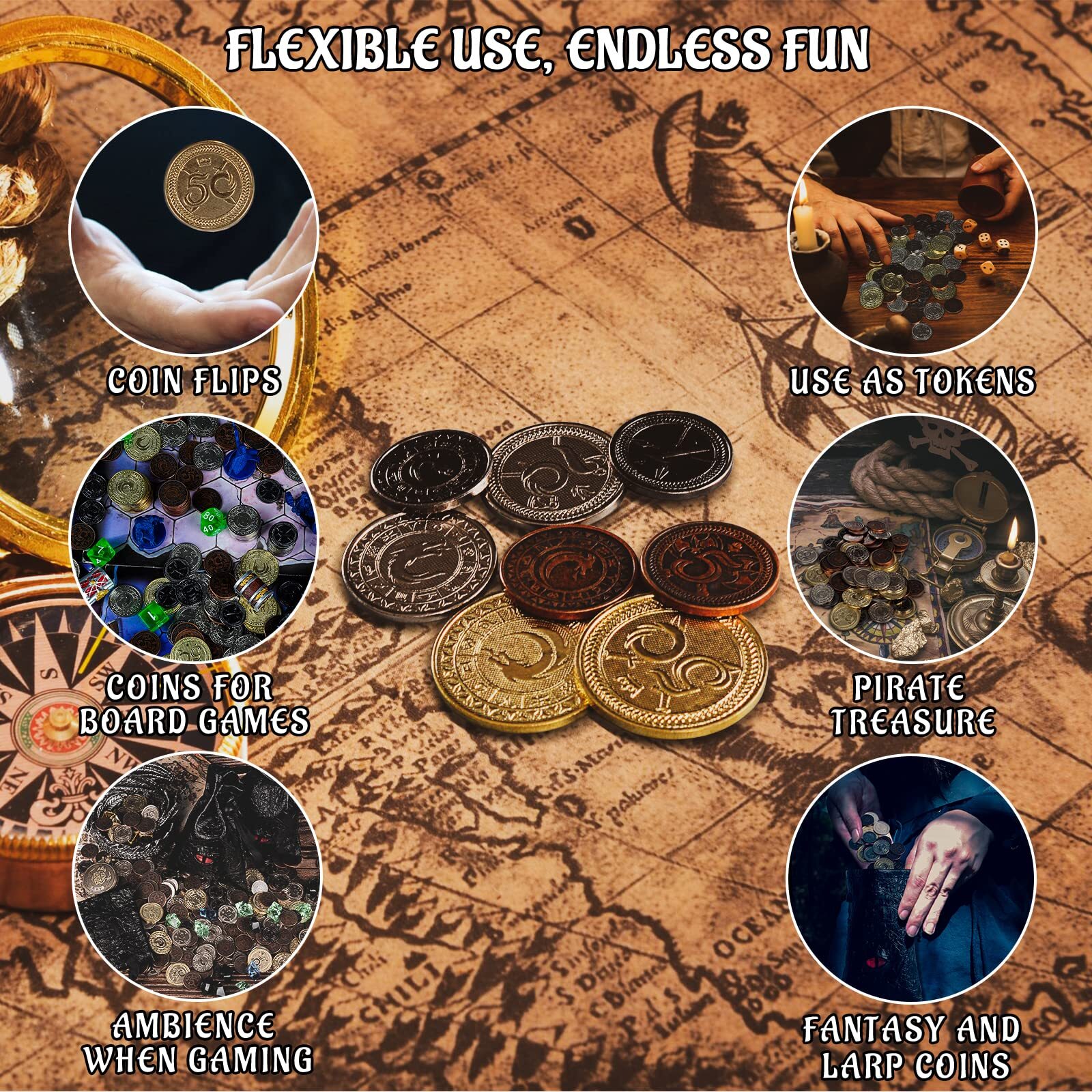 DND Metal Coins Set of 60 with Leather Pouch - Gaming Tokens Pirate ...