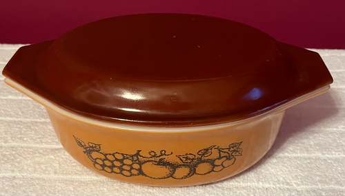 Vintage Used 1 1/2 Qt Oval Fruit Design Pyrex by Corning USA Gold Brown ...