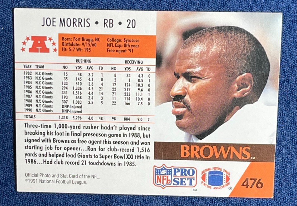 1991 PRO SET #476 JOE MORRIS (CLEVELAND BROWNS) FOOTBALL CARD | eBay