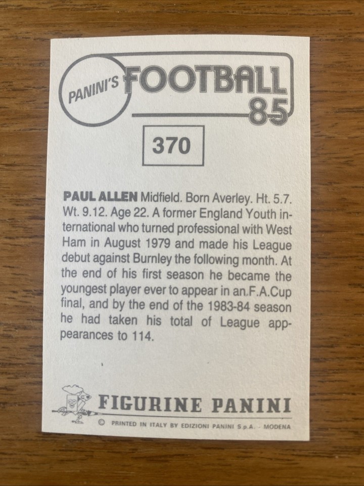 Paul Allen West Ham Utd 85 Panini Football Sticker. #370 Ex Cond Unused | eBay