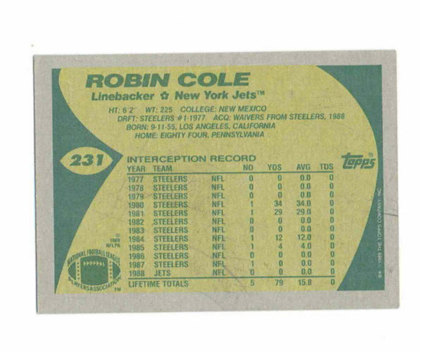 Robin Cole New York Jets Linebacker #231 Topps 1989 Football Card | eBay