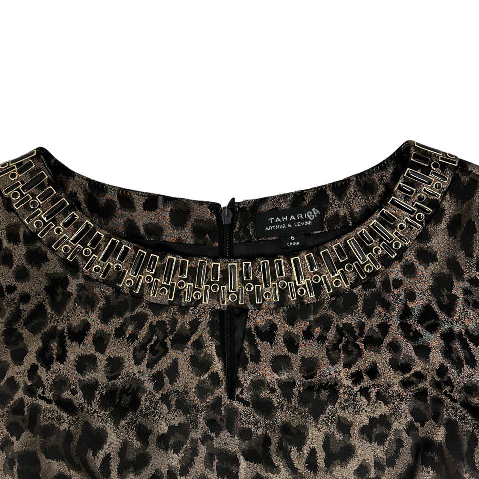 Tahari ASL Mike Leopard Dress Shift Dress Embellished Neckline Black ...