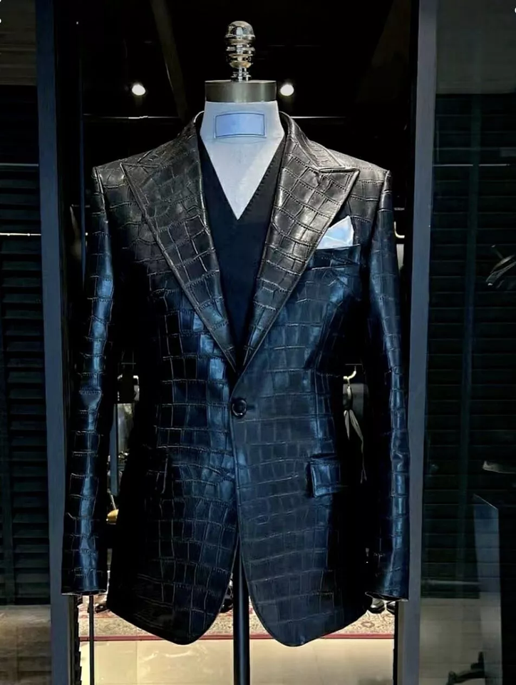 Fashion Faux Leather Men's Suits Wide Peak Lapel Dinner Host 2 Pcs ...