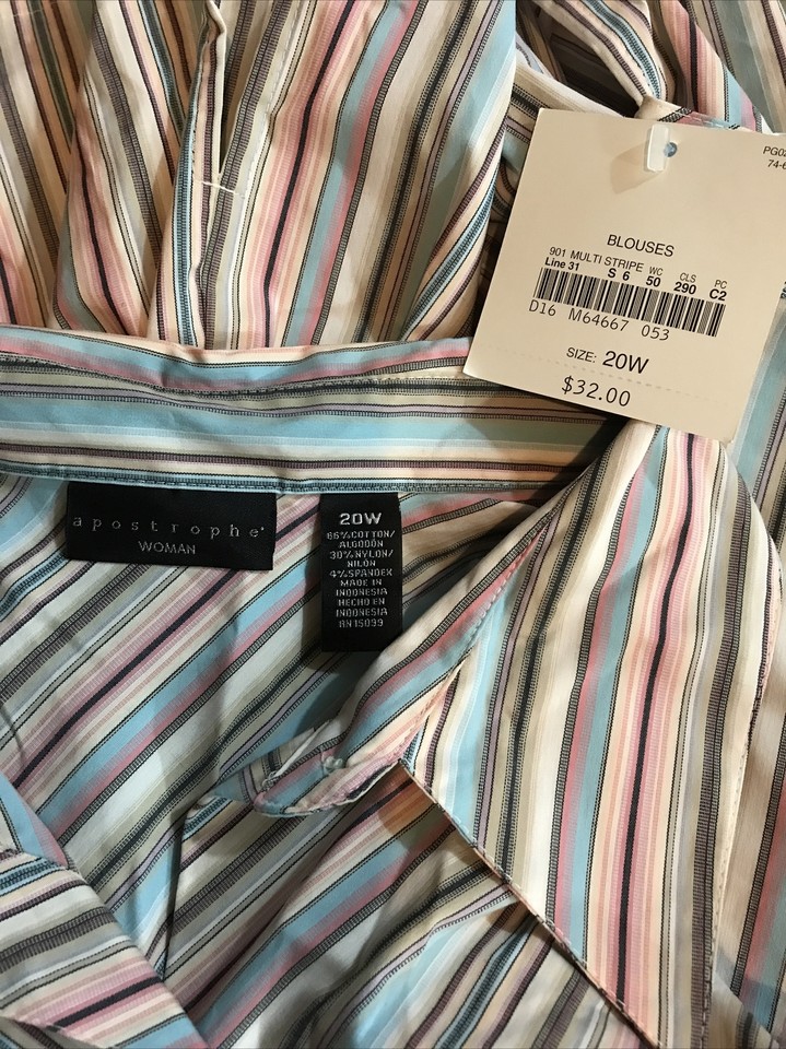 Apostrophe 3/4 sleeve button up multi striped blouse - womens 20W, NWT ...