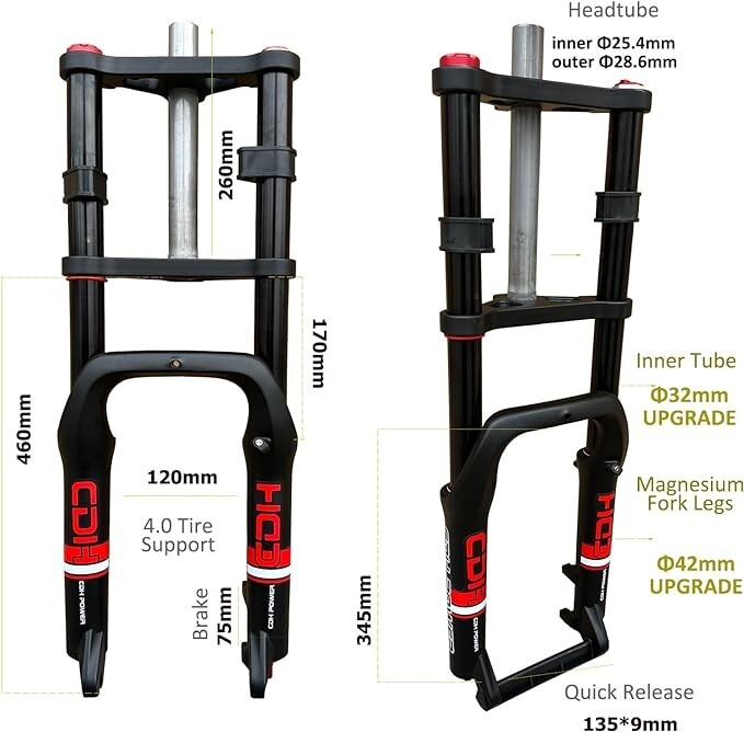 CDH 20X4.0" Fat Tire Bike Fork, Air Suspension Bicycle Fork Double ...