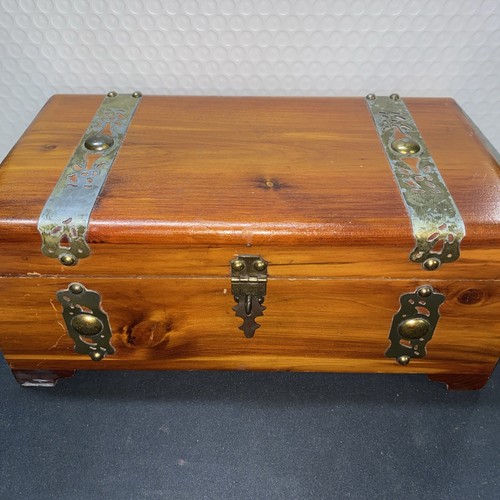 Vintage Cedar Treasure Chest Jewelry Trinket Box Metal Hardware ...