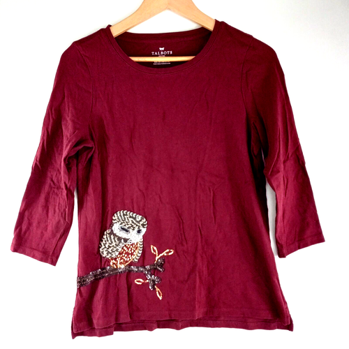 Talbots Top Shirt Women's Size Mp Maroon Sequined Owl Pullover 3/4 ...