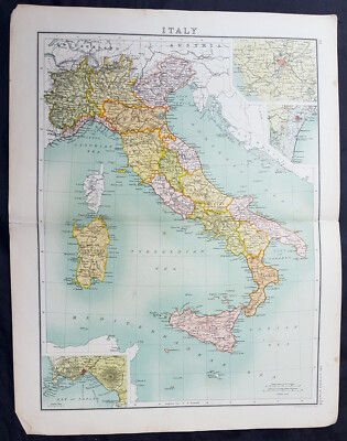 1890 Bartholomew Original Antique Map of Italy inset plans Rome, Venice ...