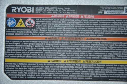 Ryobi OP48RM 48 V Battery Charger – OEM 140448001 – Fits RM480E, ZT540 ...