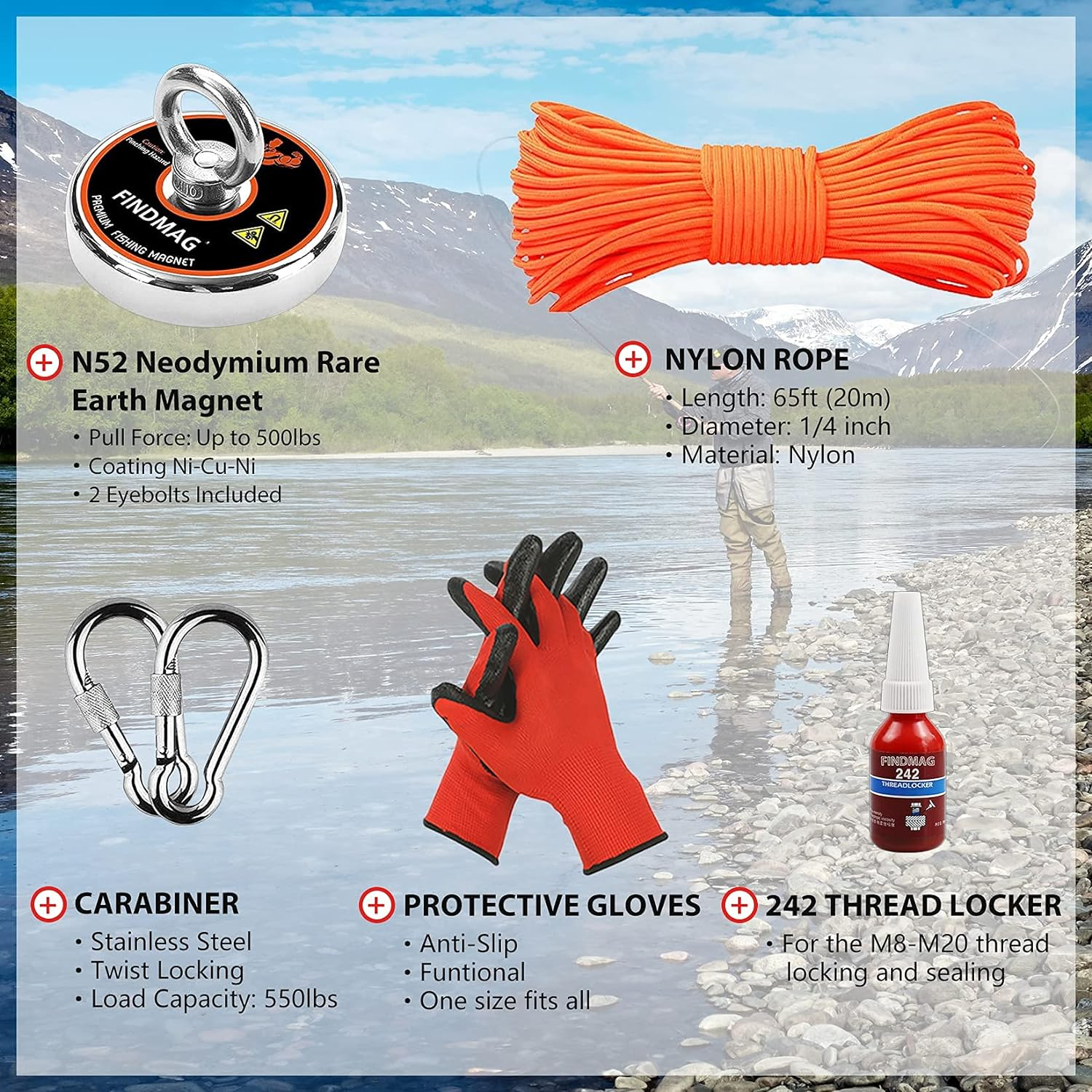 Super Strong Fishing Magnets Kit, 500 LBS Pulling Force Magnet Fishing ...