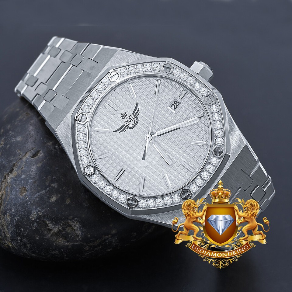 Full Steel 18K White Gold Finish Simulated Diamond AP Style Luxury ...