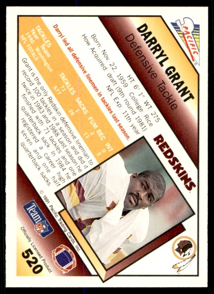1991 Pacific Darryl Grant . Washington Redskins #520 | eBay