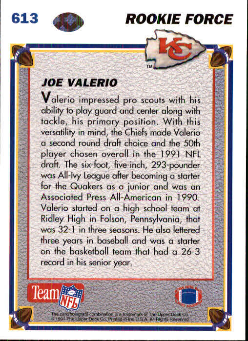 1991 Upper Deck Football Card #613 Joe Valerio RC | eBay