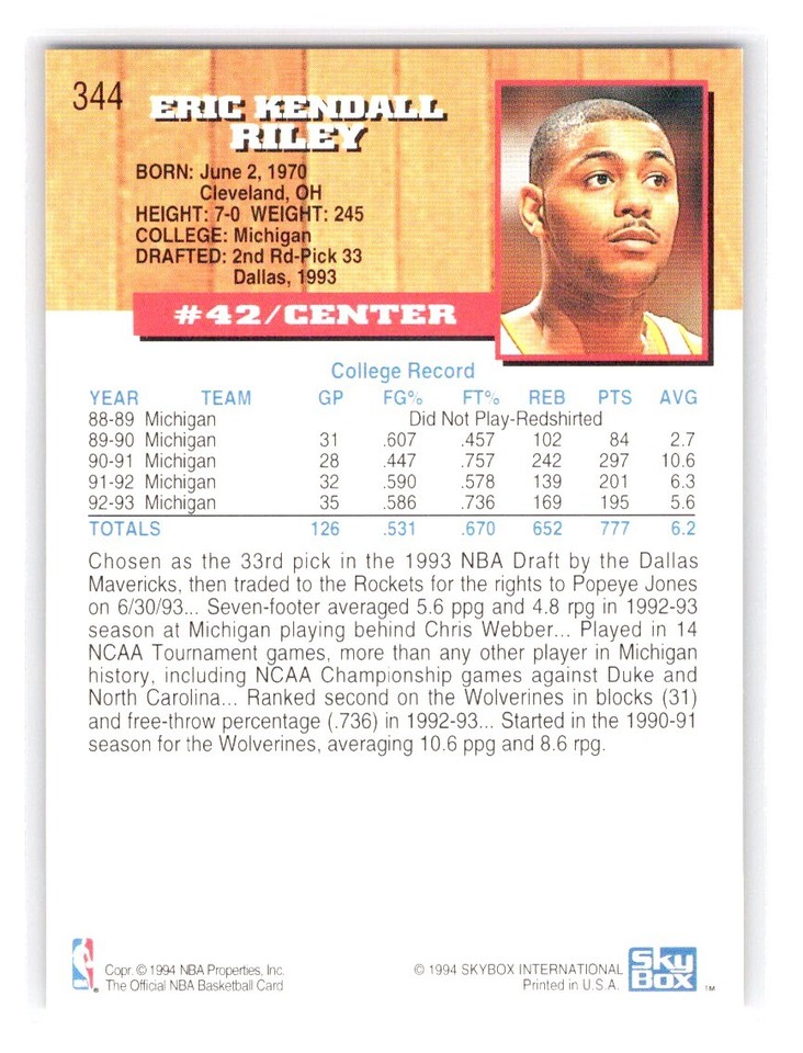 Eric Riley 1993 NBA Hoops #344 Houston Rockets Rookie RC | eBay