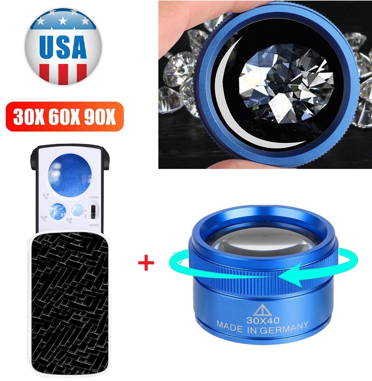 2× Jewelers Loupe Magnifier Light 30X 60X 90X Jewelry Loop Magnifying ...