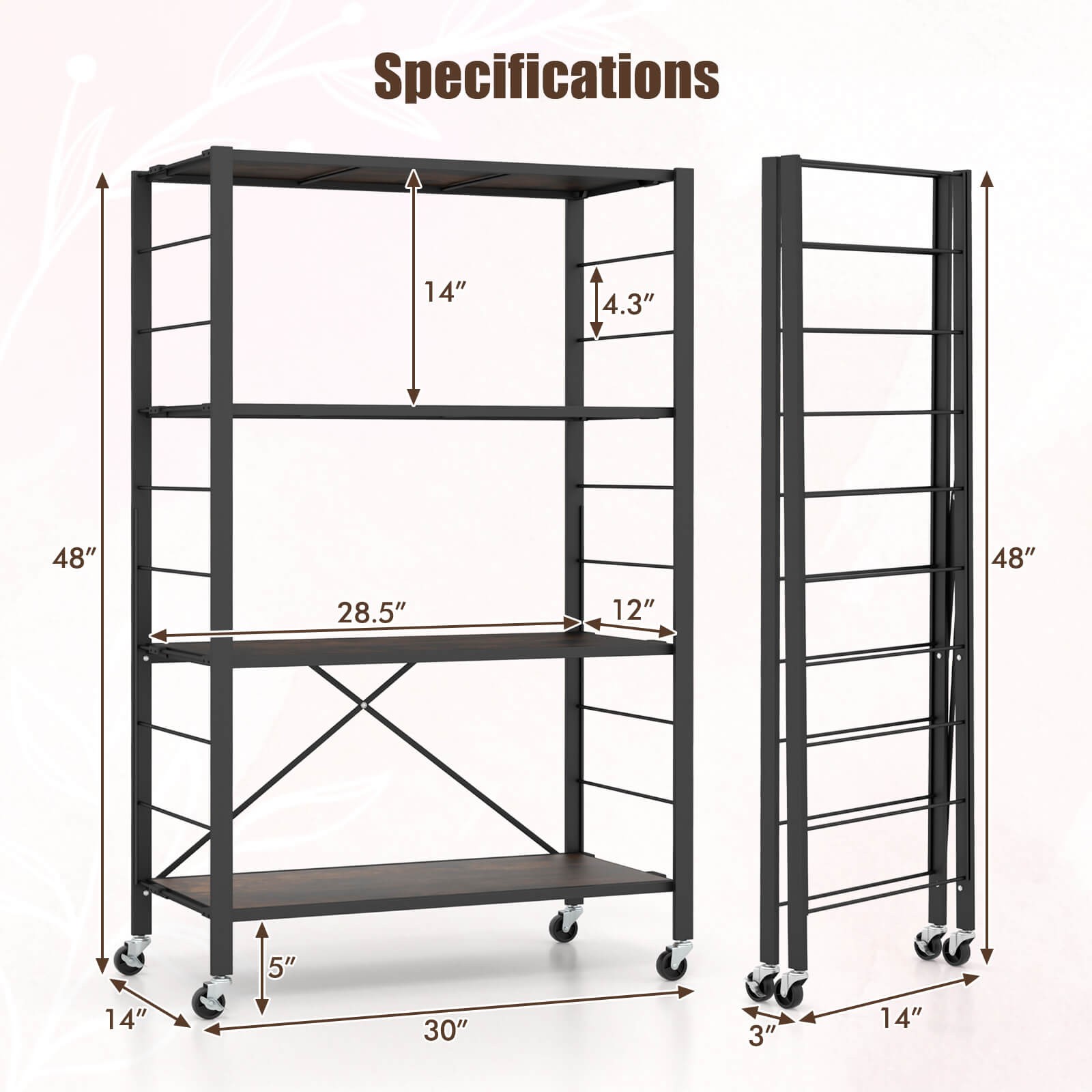 4-tier Rack Folding Storage Unit Shelf w/ Lockable Wheels Home Shelving ...