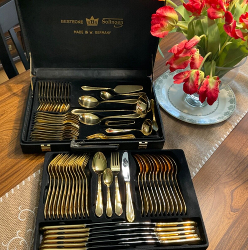 SOLINGEN Gold Plated Flatware Set Service 12 Boxed SBS Bestecke 23/24 ...