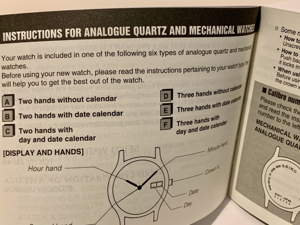 SEIKO Watch Instruction Booklet Analog Quartz Automatic User Guide ...