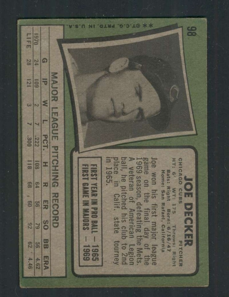 1971 Topps #98 Joe Decker VG/VGEX RC Rookie Cubs 92629 | eBay