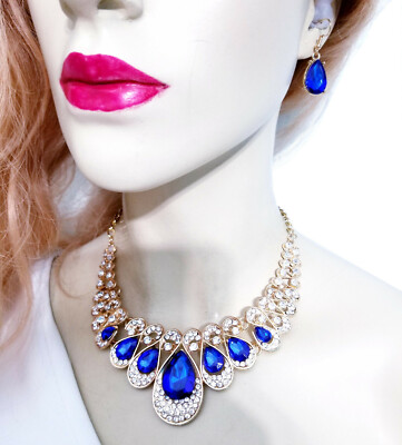 Statement Choker Necklace Earrings Rhinestone Blue Pageant Prom ...