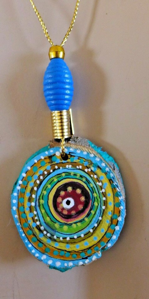 Handmade Necklace Art Wooden Painted Round Mandella with Beads Gold ...