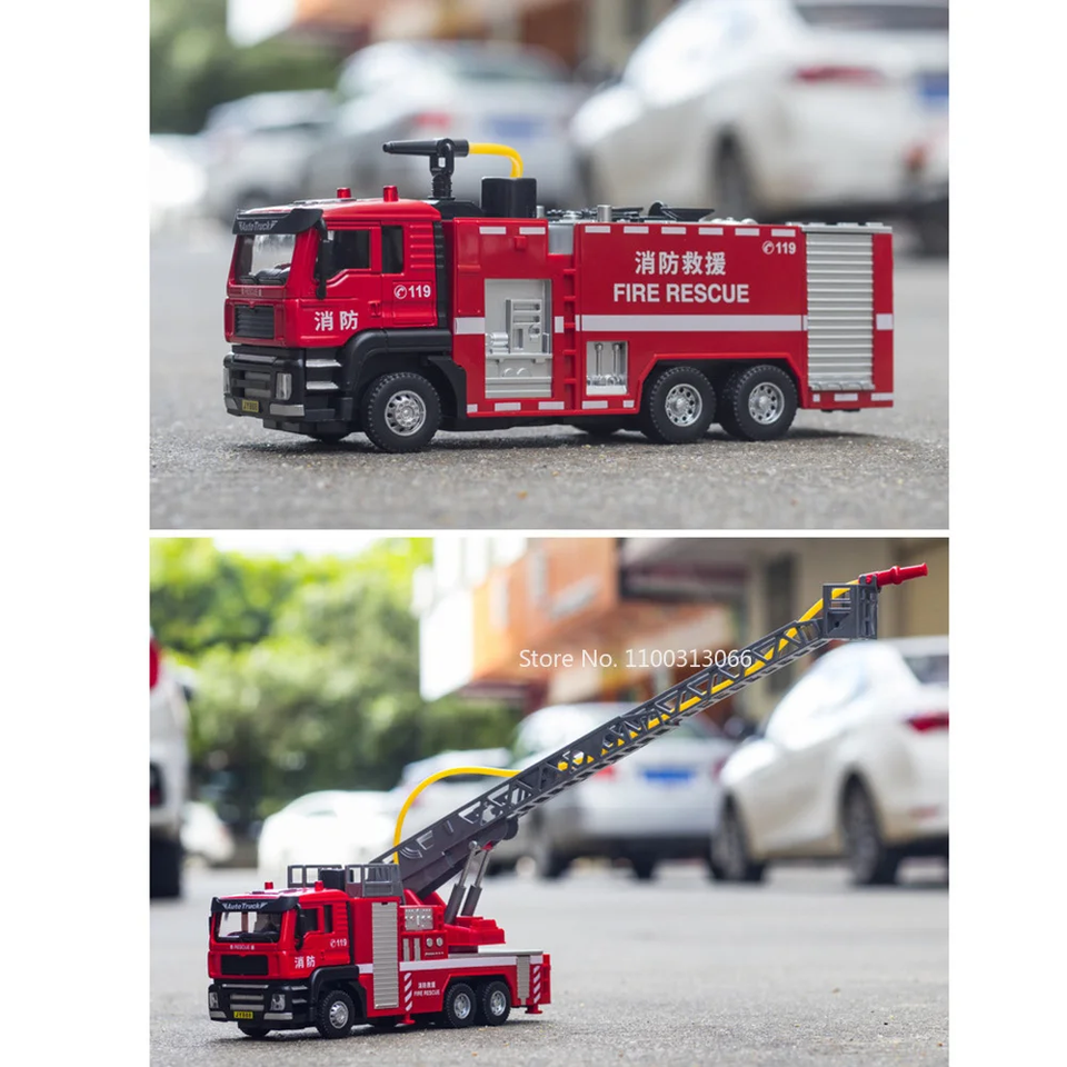 1/50 Ladder Fire Engine Car Model Toy Wheel Pull Back Sprinkler Fire ...